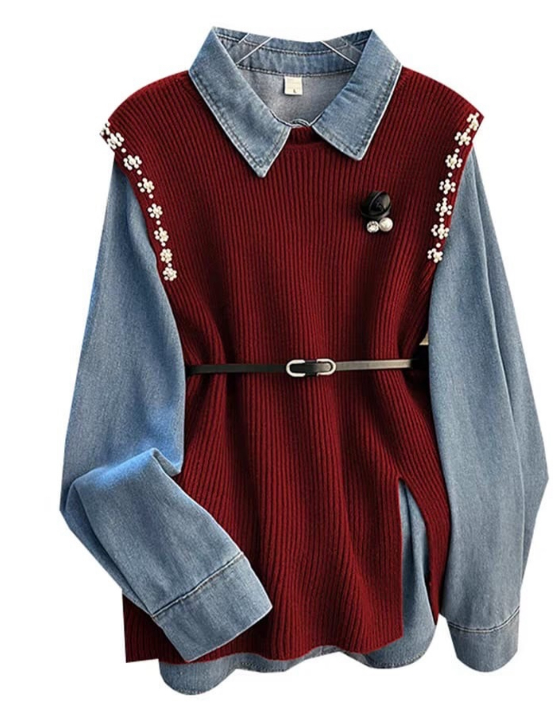 Denim Shirt With Embellished Pullover With Brooch - wanderlustbysahiba ...